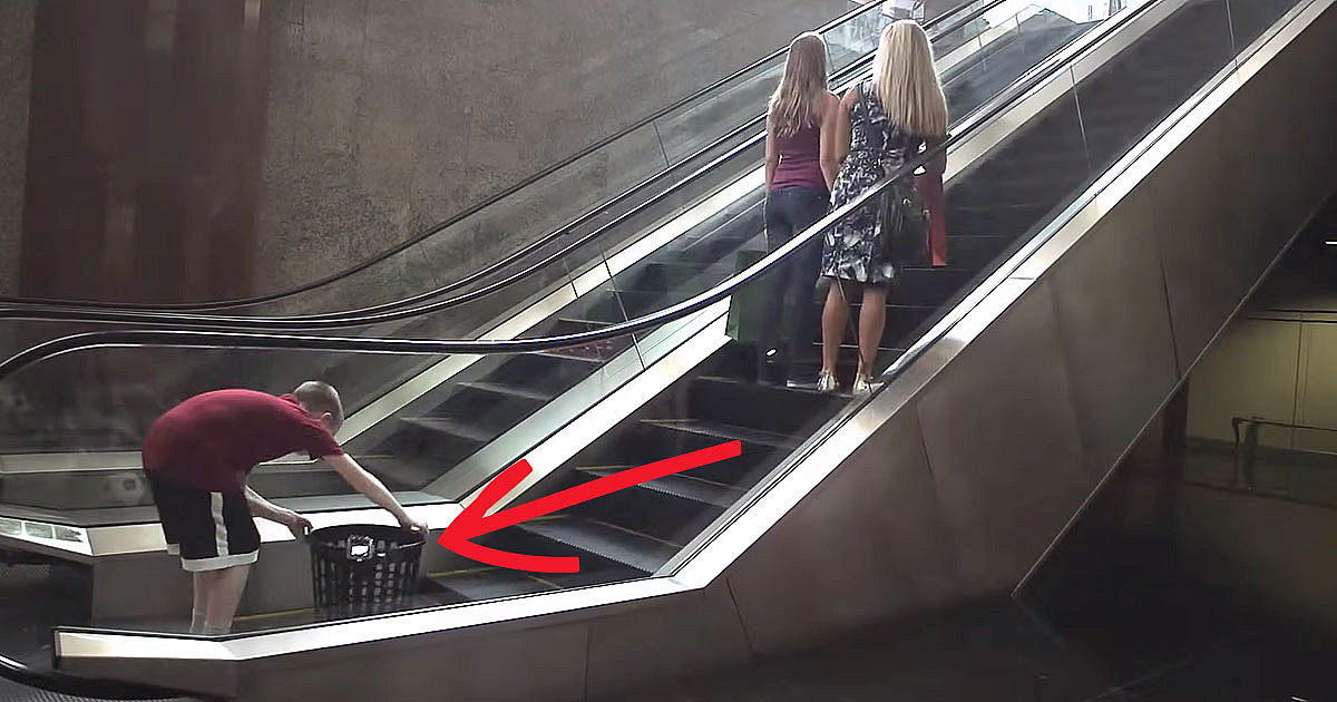 Pune un coş pe scara rulantă şi se retrage. Ce se întâmplă în ...